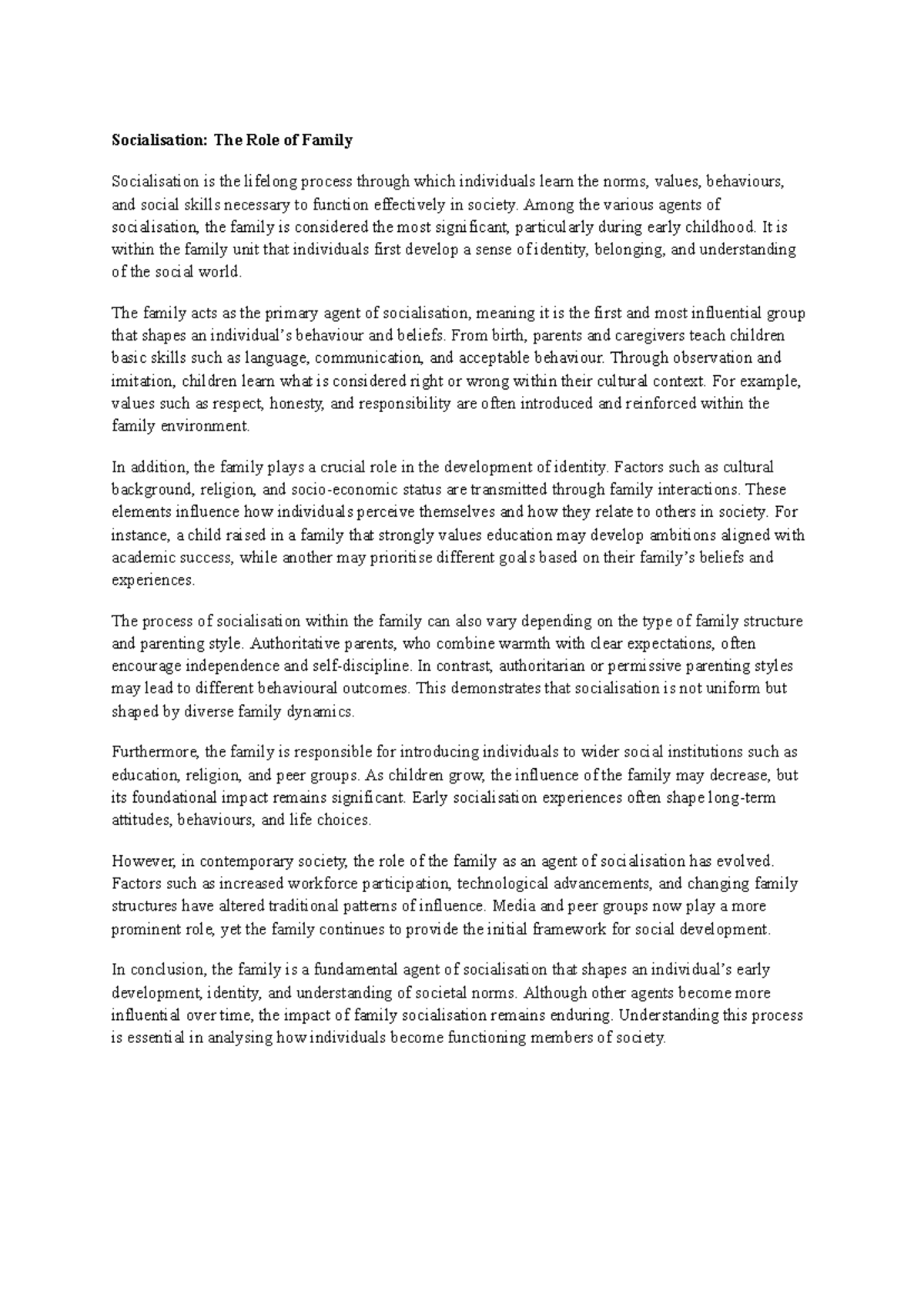 Sac - The Role of Family in Socialisation Process - Studocu