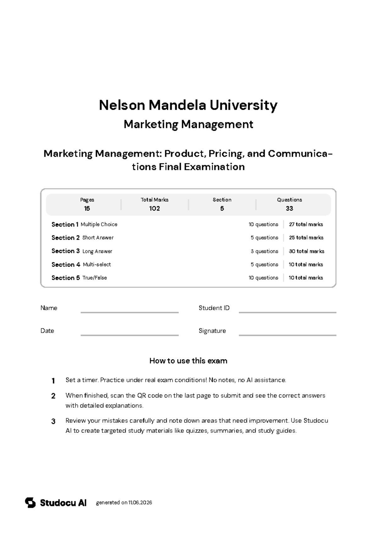 Marketing Management Final Exam: Product, Pricing, Communications - Studocu