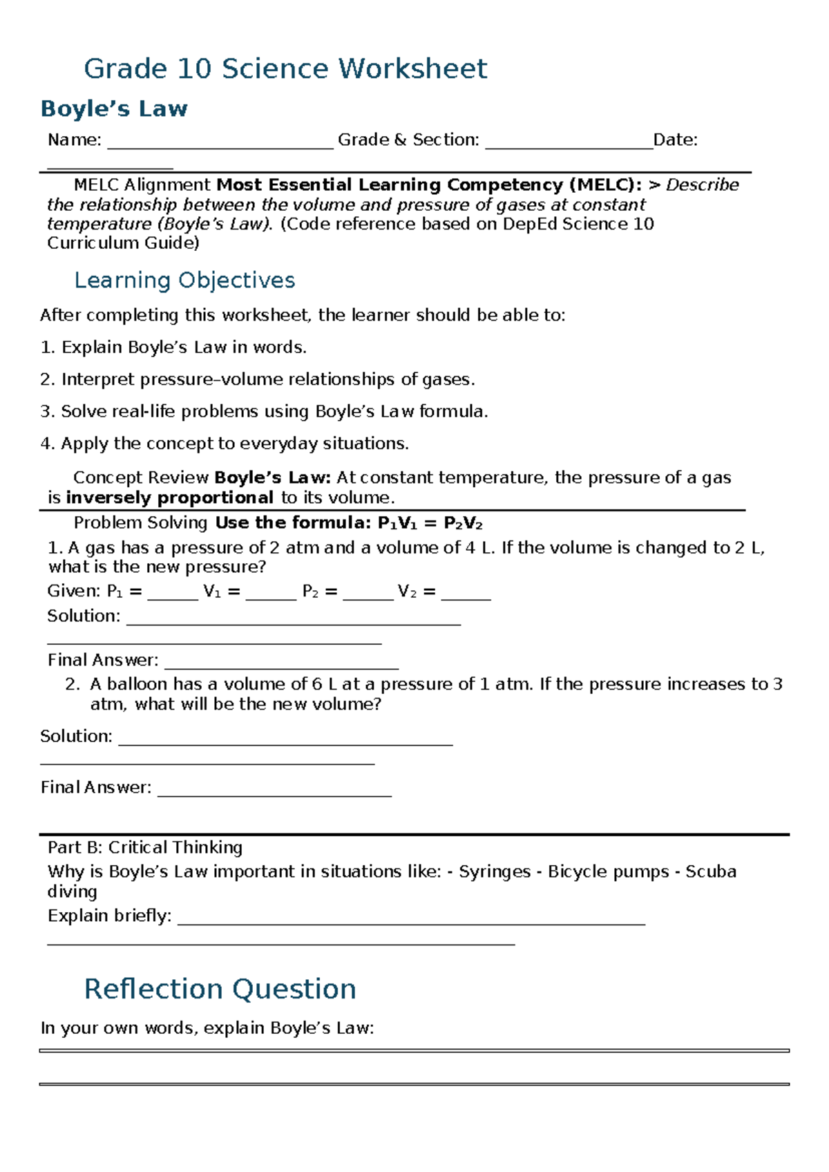 Grade 10 Science Worksheet: Boyle's Law (MELC2) - Studocu