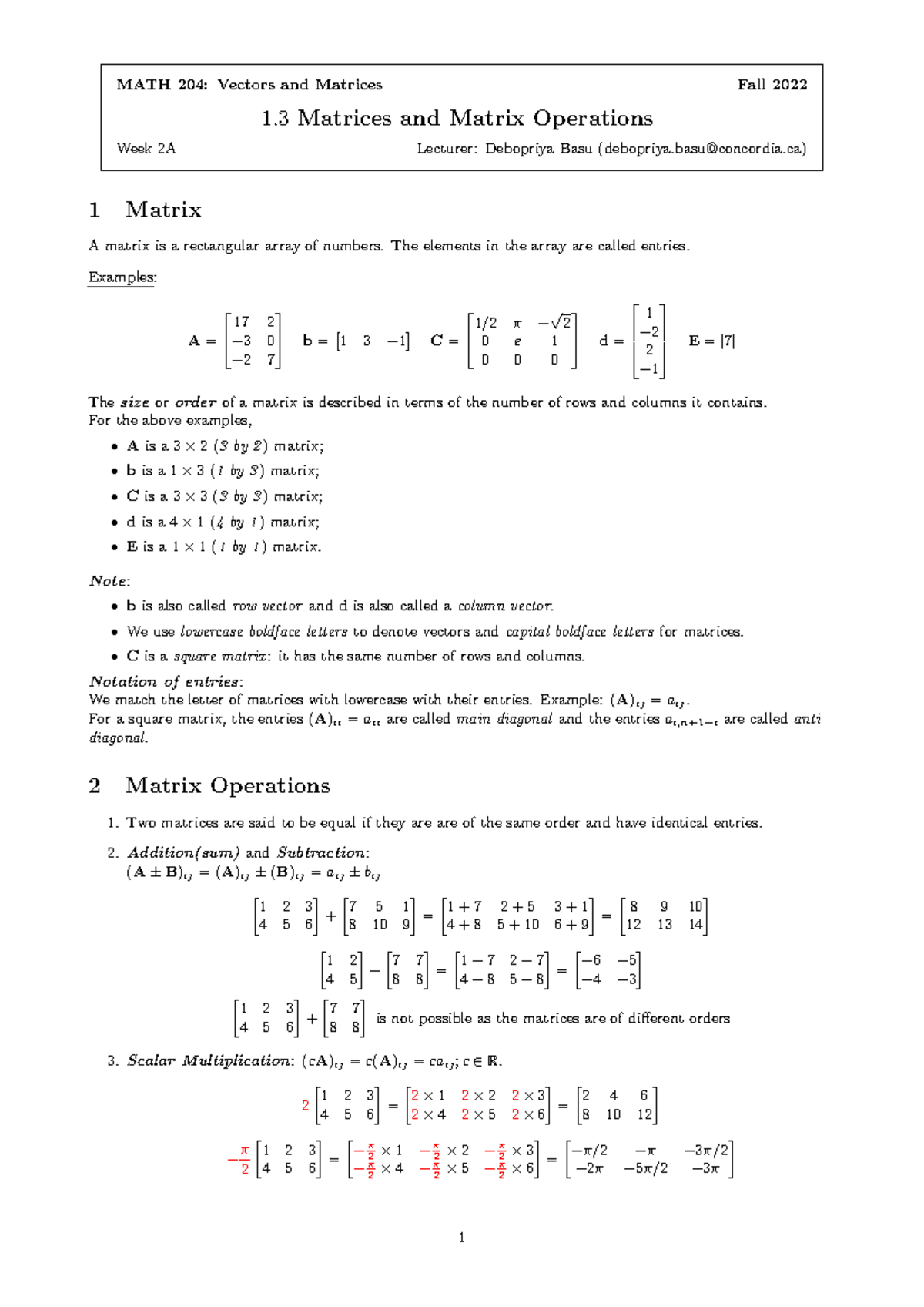 MATH 204: Vectors & Matrices - Week 2A Review Notes - Studocu