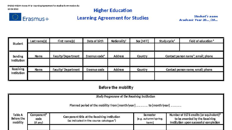 IV Learning Agreement for Studies - Erasmus Template - Studocu