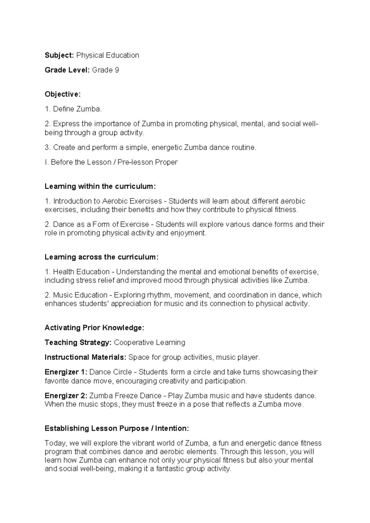 Lesson plan - Subject: Physical Education Grade Level: Grade 9 ...