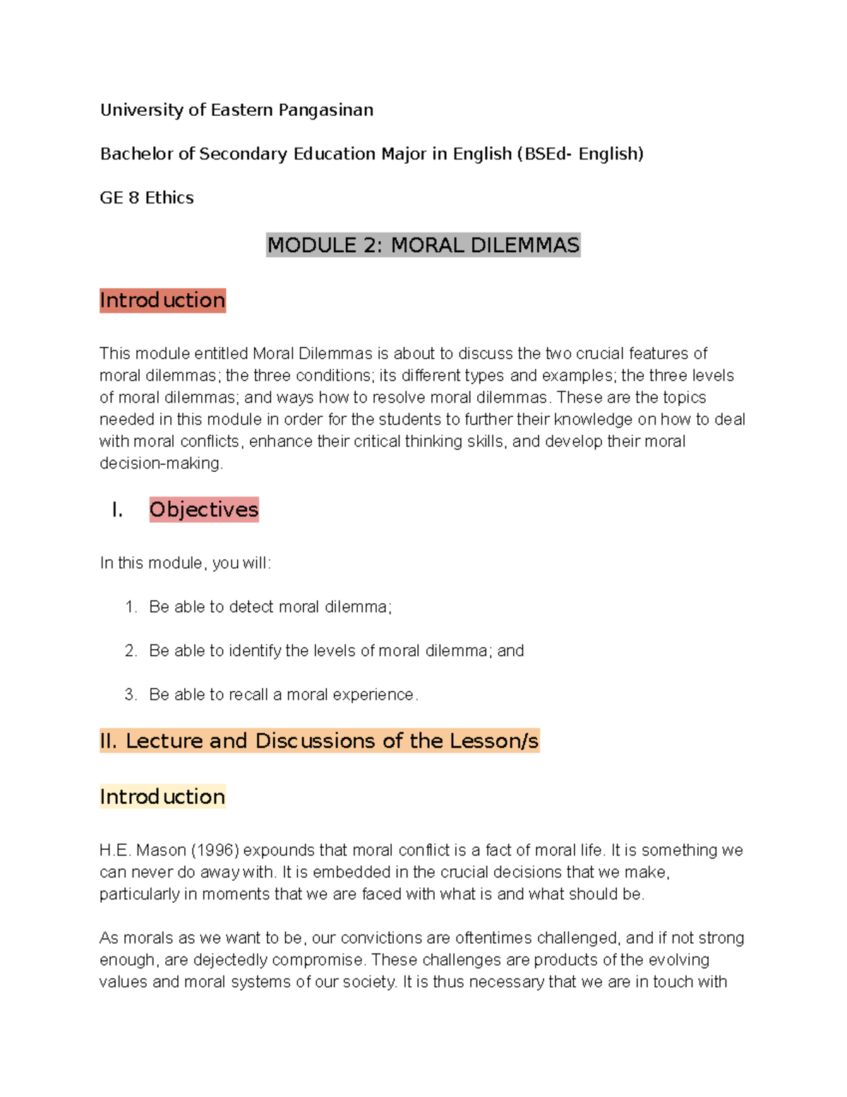 GE 8 Ethics Module 2: Understanding and Resolving Moral Dilemmas - Studocu