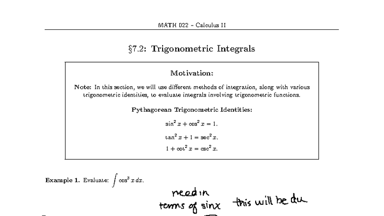 MATH 022 Calculus II: Trigonometric Integrals & Techniques - Studocu