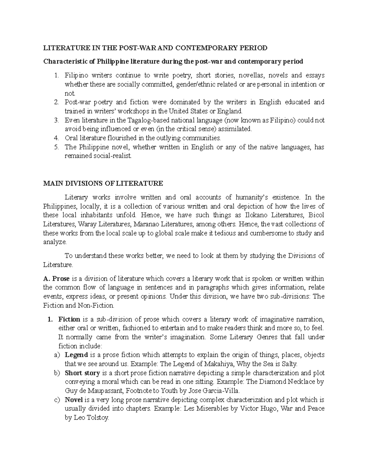 Literature IN THE POST-WAR AND Contemporary Period - LITERATURE IN THE ...