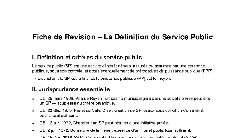 Fiche de Révision : Définition du Service Public et Jurisprudence - Studocu