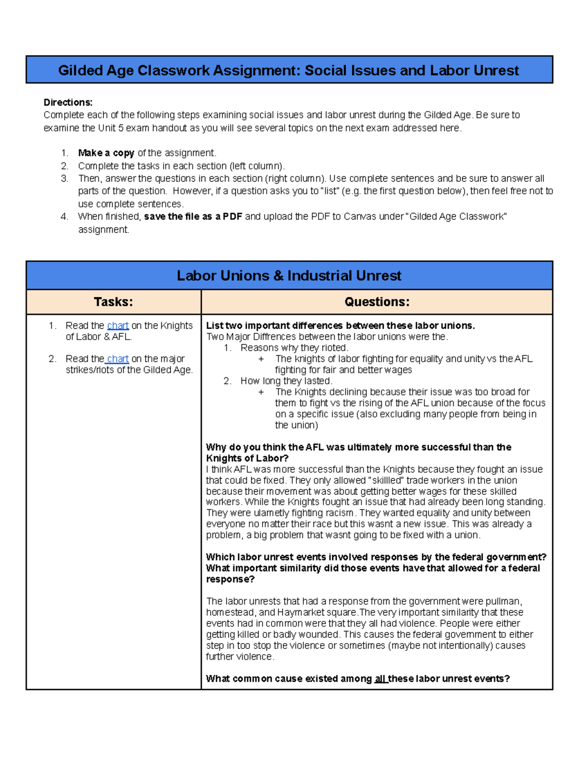 Gilded Age Classwork - History 122 DE - Gilded Age Classwork Assignment ...
