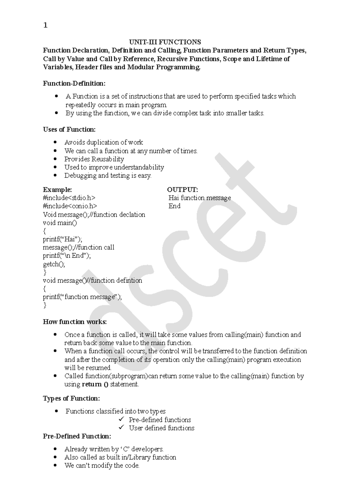 C Programming Functions: Declaration, Definition & Usage Notes - Studocu