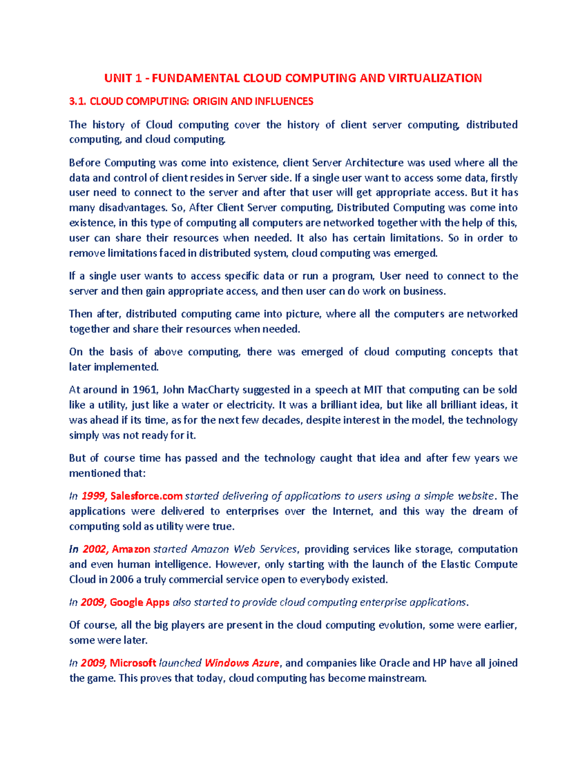 CC Cloud Computing Fundamentals: Unit 1 Overview and Key Concepts - Studocu