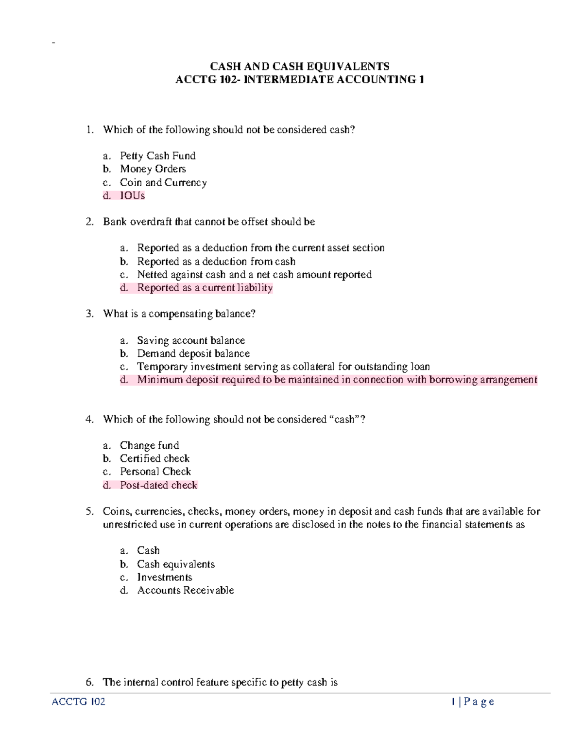 Sample Multiple Choice- CASH AND CASH Equivalents Blank WITH ANS - CASH ...