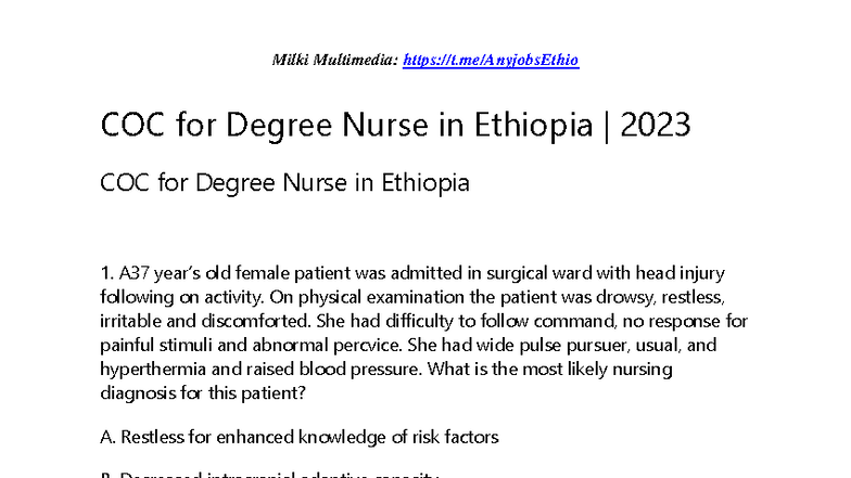COC Exam BSc Nurse 11: Clinical Case Studies & Nursing Diagnoses - Studocu