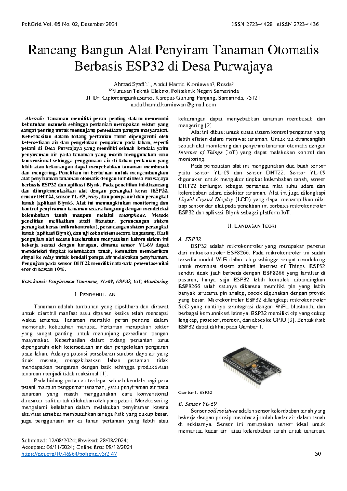 Rancang Bangun Alat Penyiram Tanaman Otomatis Berbasis ESP32 - PoliGrid ...