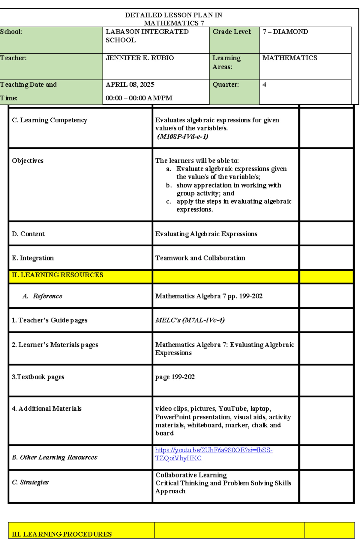 Final Lesson Plan: Evaluating Algebraic Expressions in Math 7 - Studocu