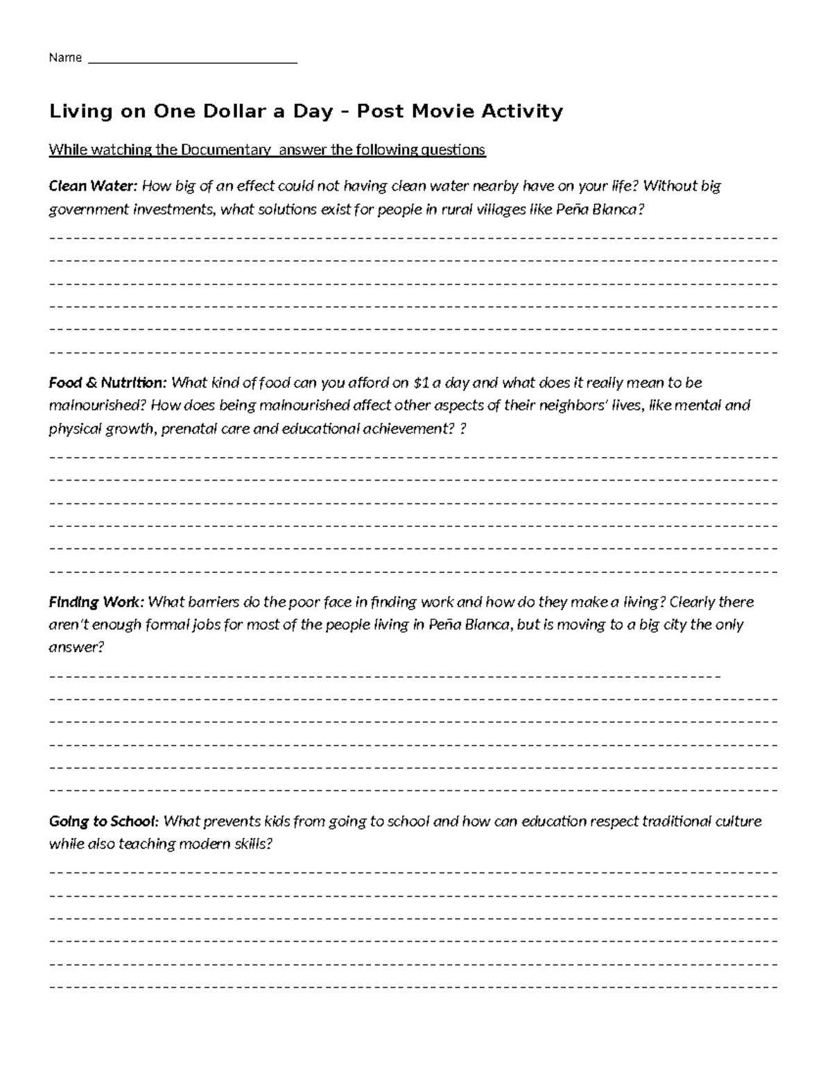 Living on One Dollar a Day: Post-Movie Activity Worksheet - Studeersnel