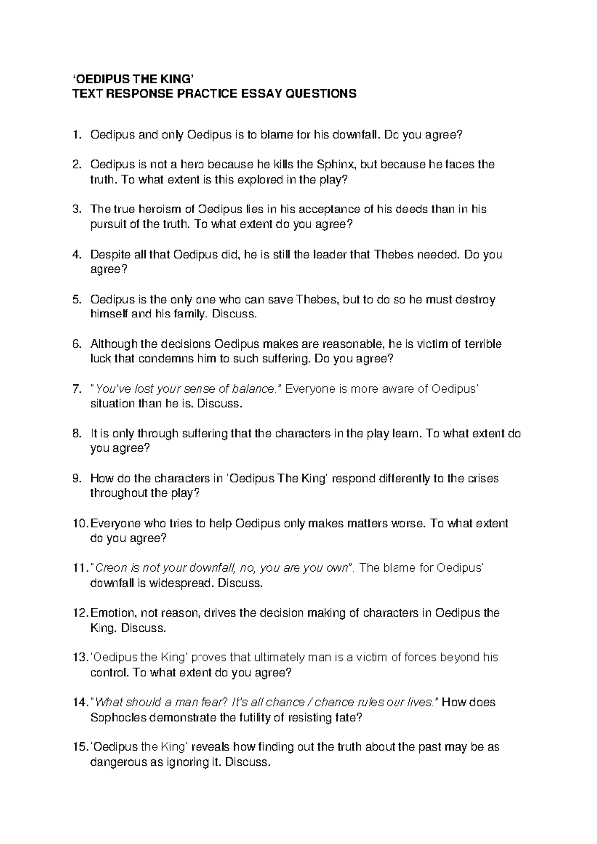Oedipus the King - 2025 Practice Essay Questions Analysis - Studocu