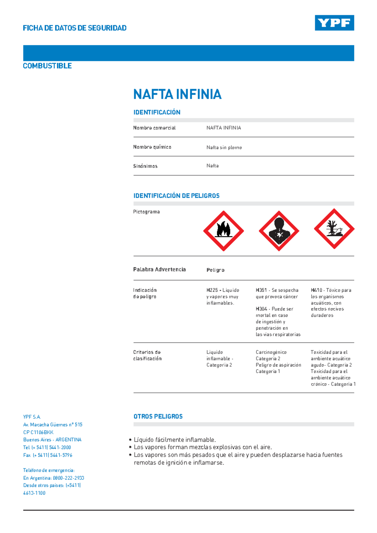 Ficha de Datos de Seguridad: Nafta Infinia - YPF S.A. - Studocu