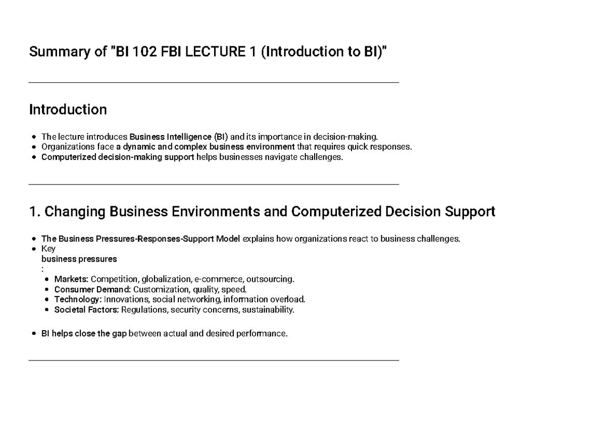 Summary of 102 FBI LECTURE 1: Introduction to Business Intelligence ...