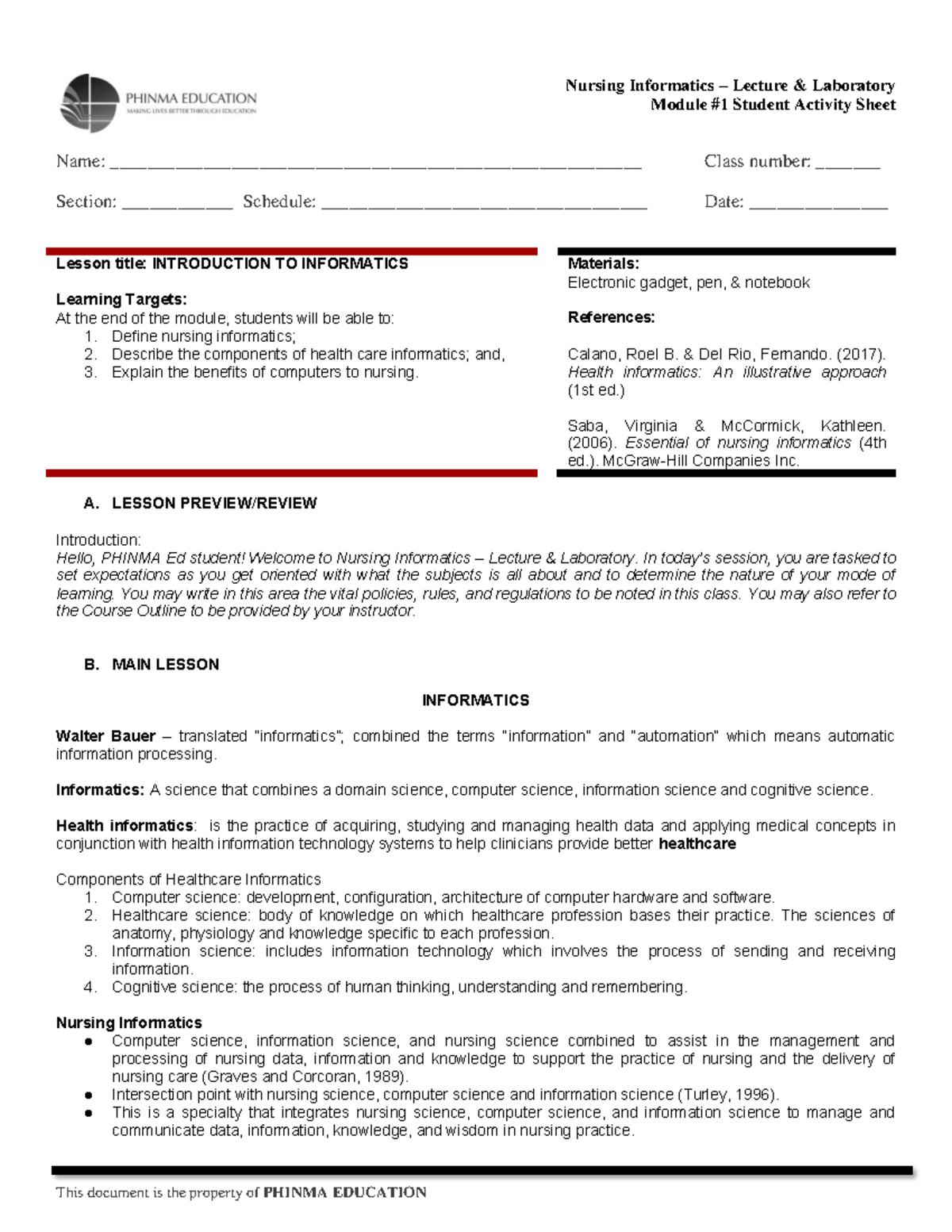Nursing Informatics: Introduction to Informatics (Session 1-2) - Studocu