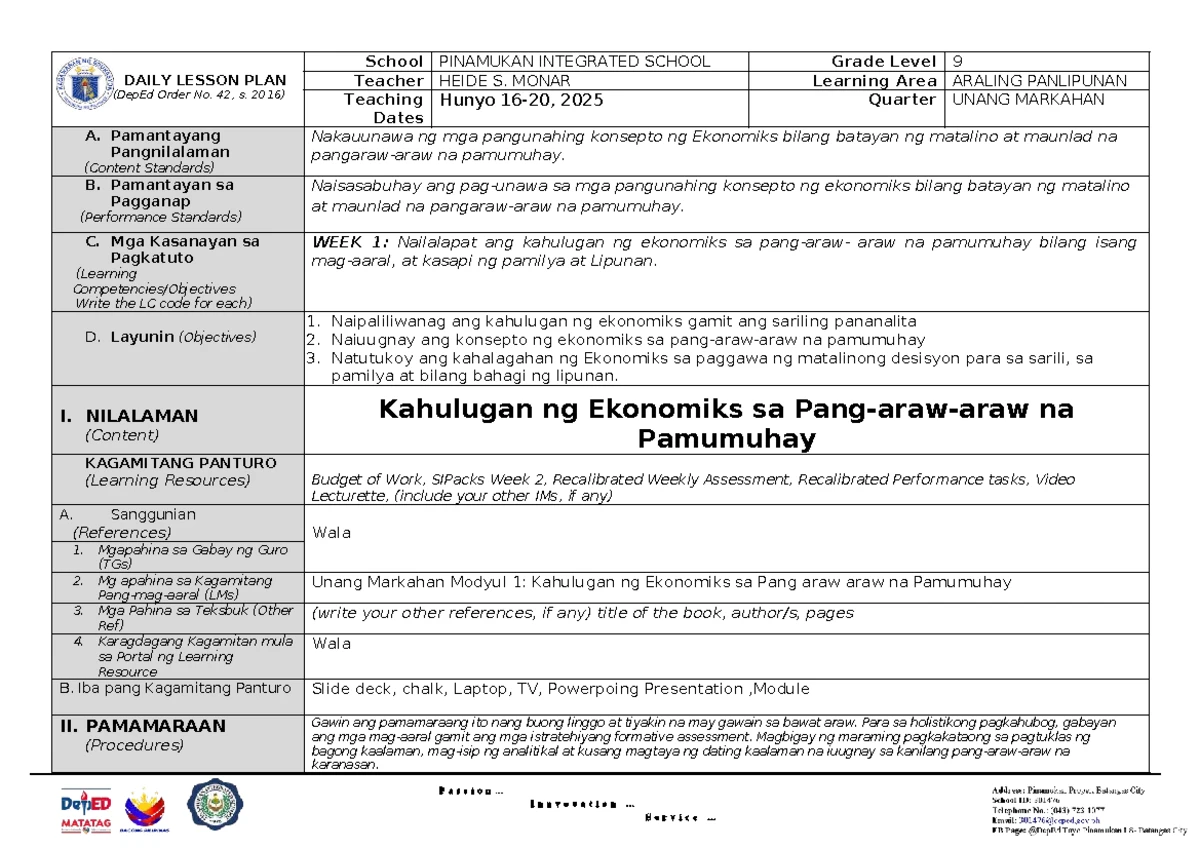 1ST Quarter Week 2 Lesson Plan in Araling Panlipunan for Grade 9 - Studocu
