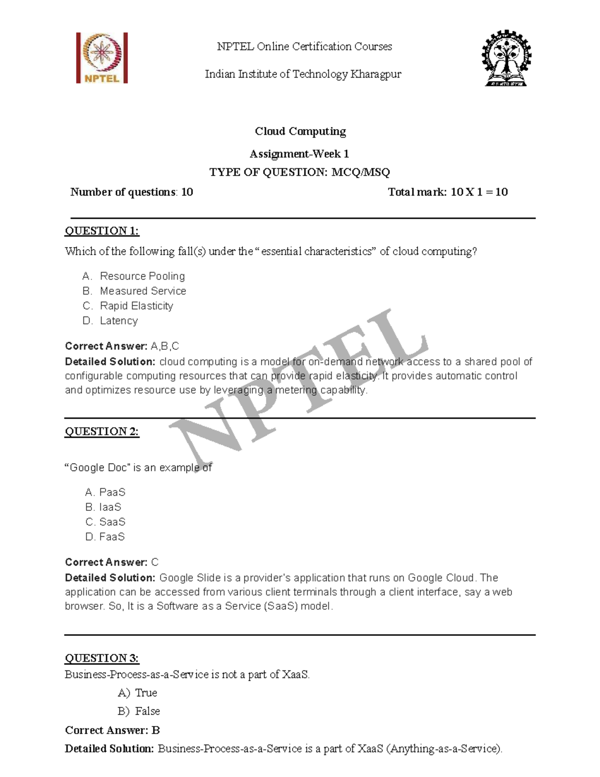 NPTEL Cloud Computing Assignment 1 - Assessment Questions and Answers - Studocu
