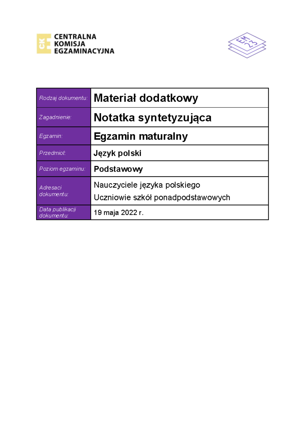 Notatka syntetyzująca z języka polskiego na egzamin maturalny 2023 ...