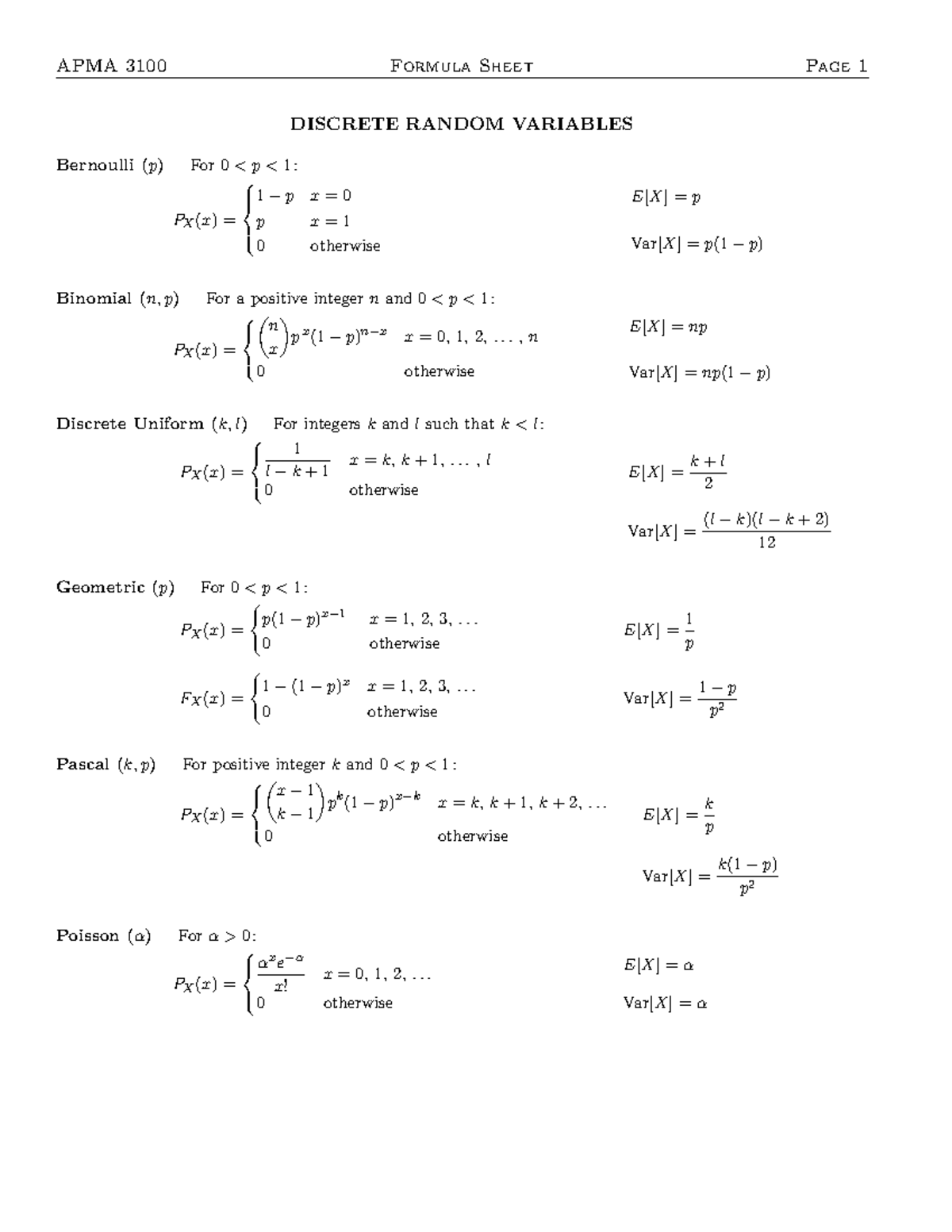 APMA 3100 Formula Sheet - Discrete & Continuous Random Variables - Studocu