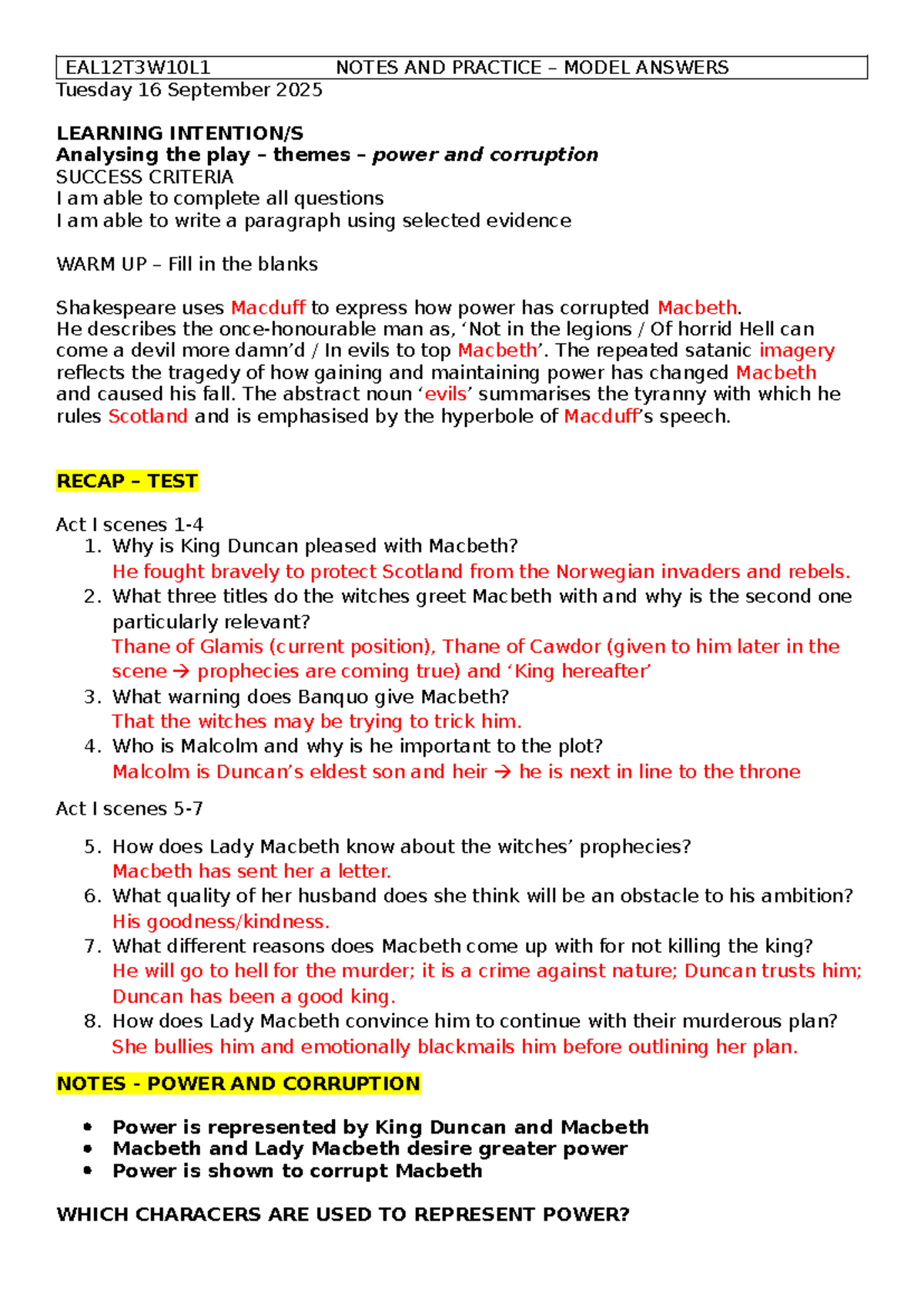 EAL12T3W10L1 Notes: Power and Corruption in Macbeth Analysis - Studocu