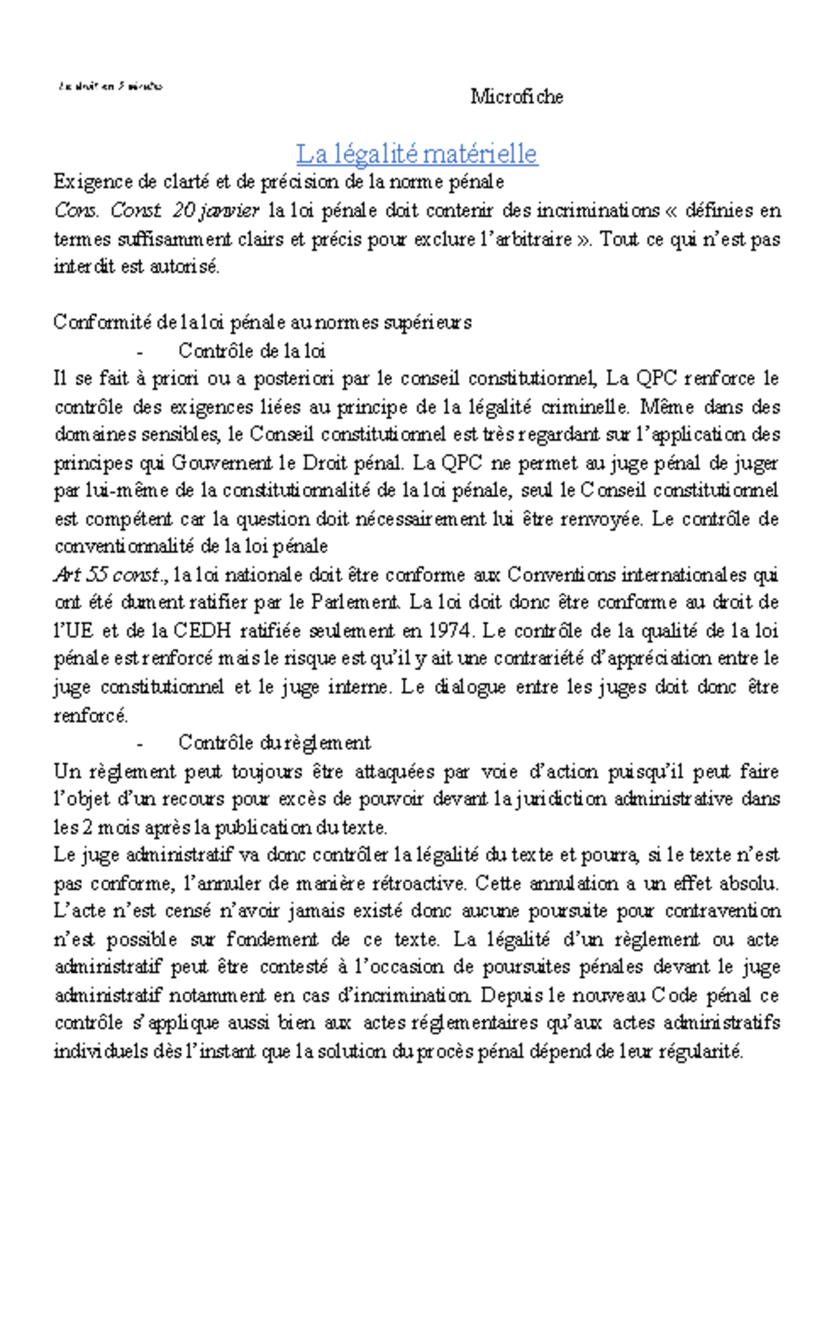 La légalité matérielle : Exigences et Contrôles en Droit Pénal - Studocu