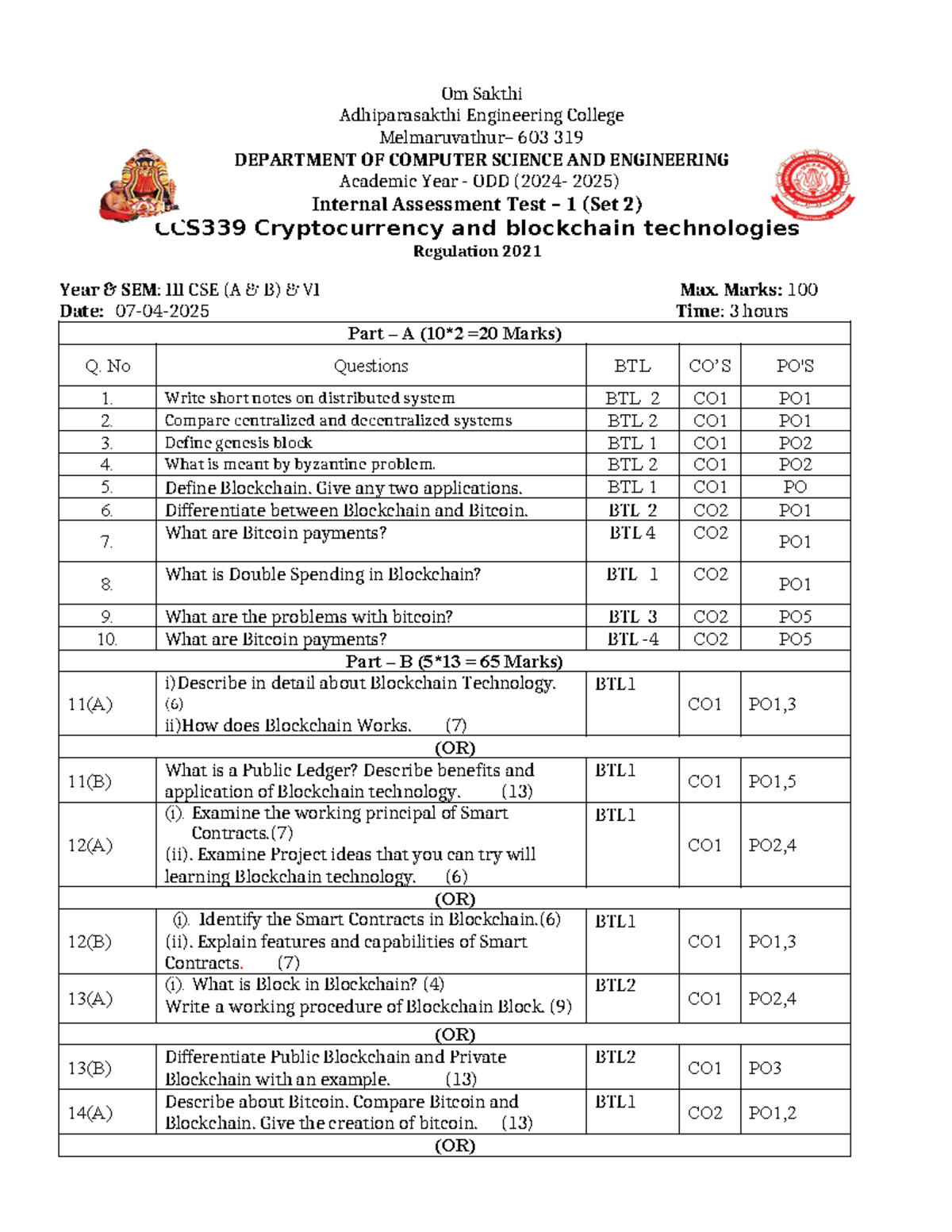 CCS339 IAT 1 Question Bank on Cryptocurrency & Blockchain Tech - Studocu