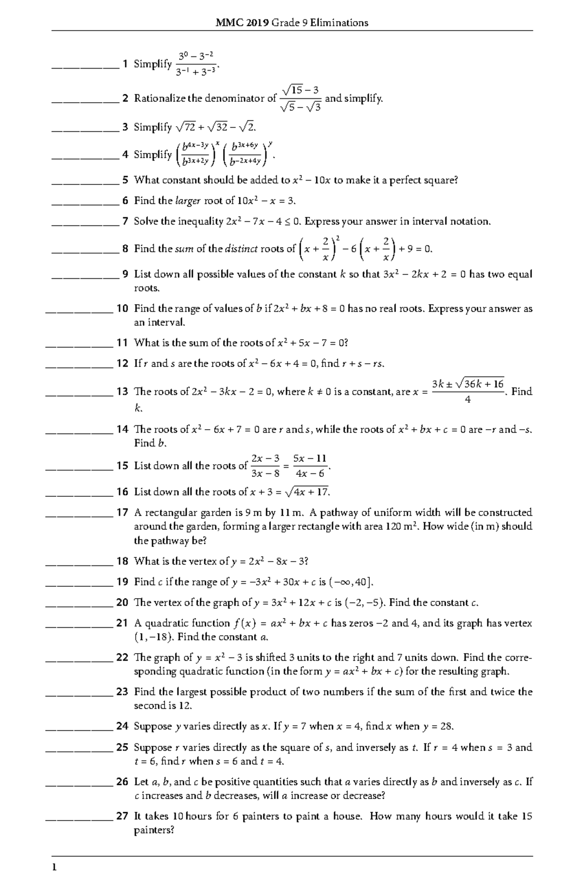Gr9 MMC 2019 - Practice Test Questions with Solutions - Studocu