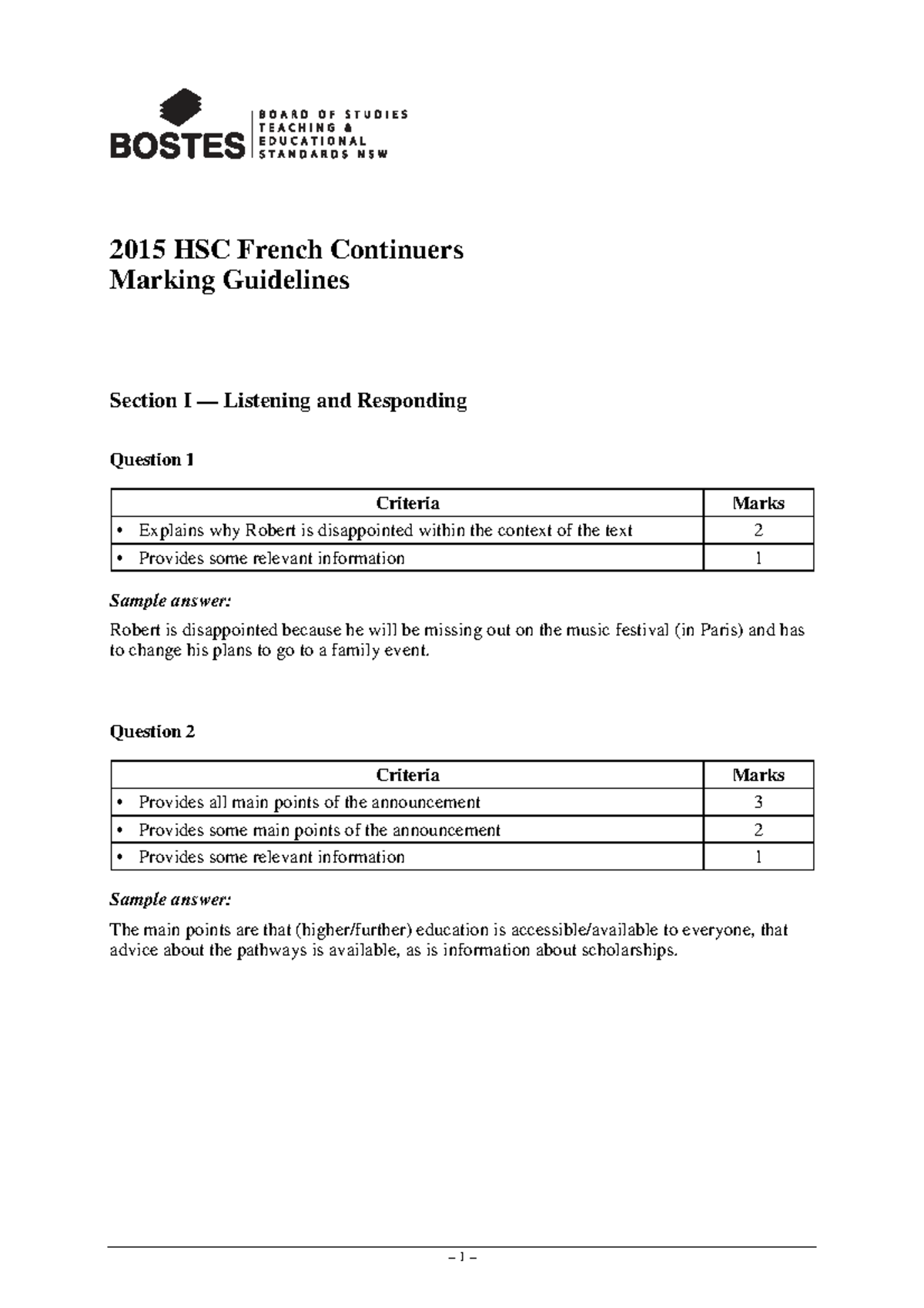 2015 HSC French Continuers Marking Guidelines - Listening & Reading ...