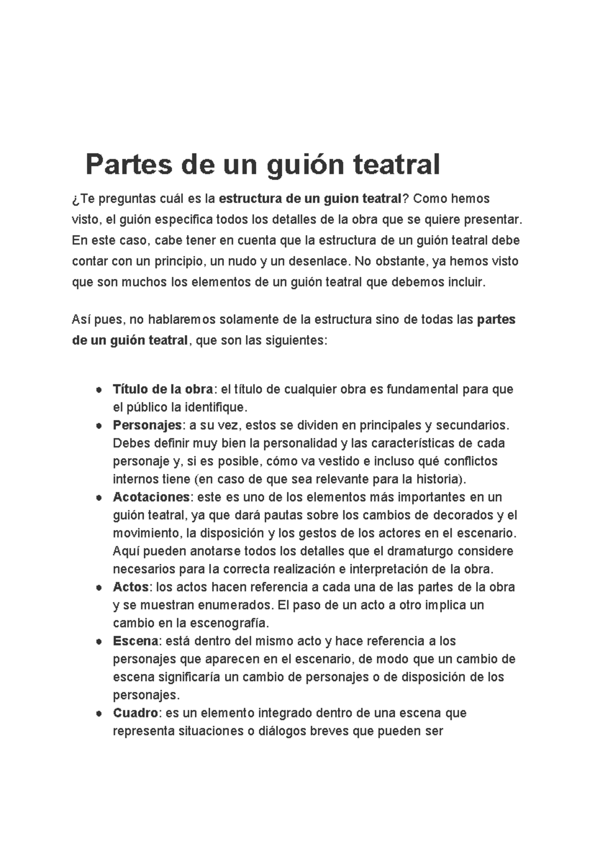 Partes y Estructura de un Guión Teatral en Español - Studocu
