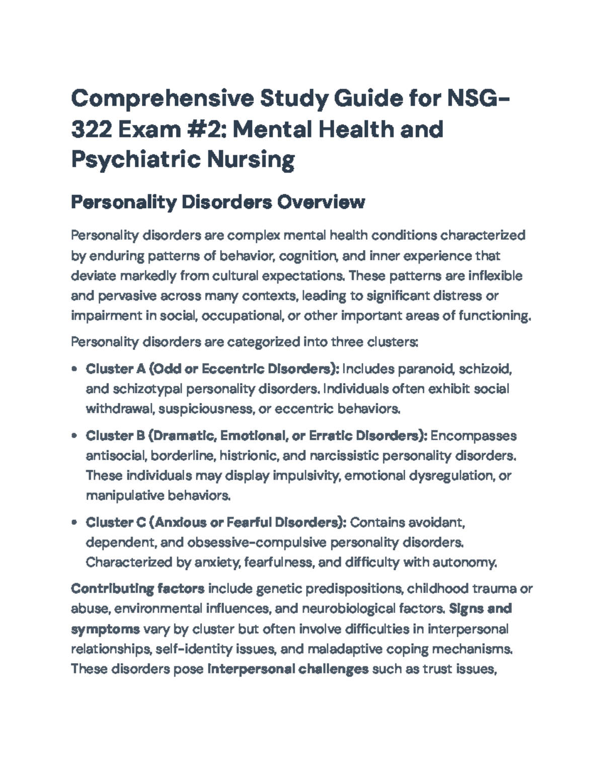 Comprehensive Study Guide for NSG-322 Exam: Mental Health Nursing ...
