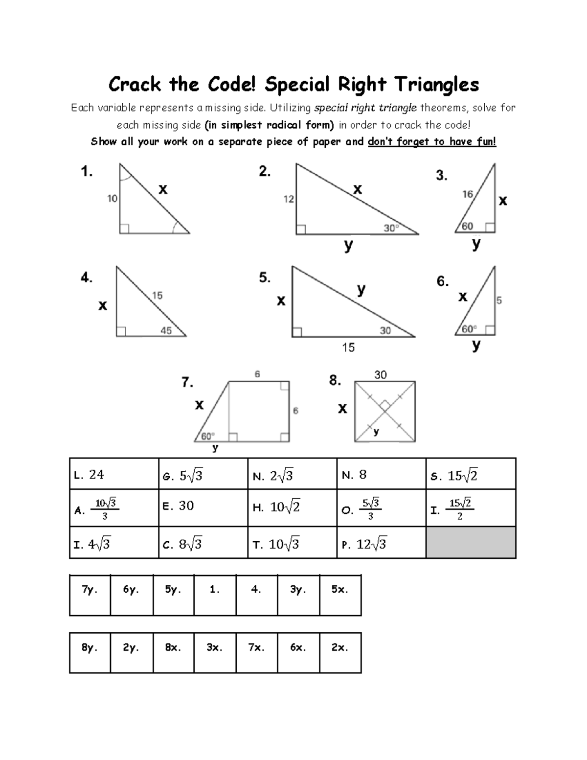 HW#2 - Special Right Triangles Handouts with Solutions and Fun ...