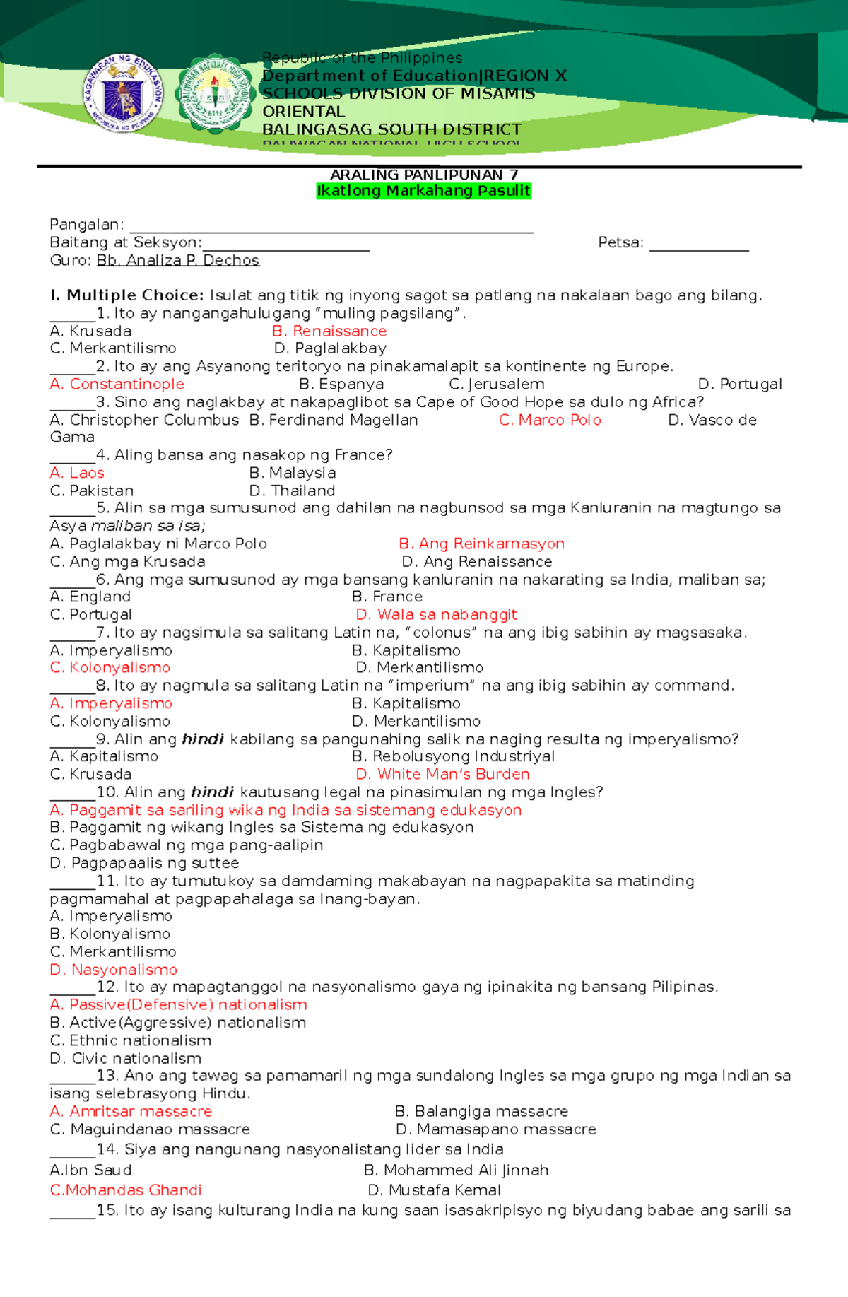 Araling Panlipunan 7 answer key - ARALING PANLIPUNAN 7 Ikatlong Markahang Pasulit Pangalan ...