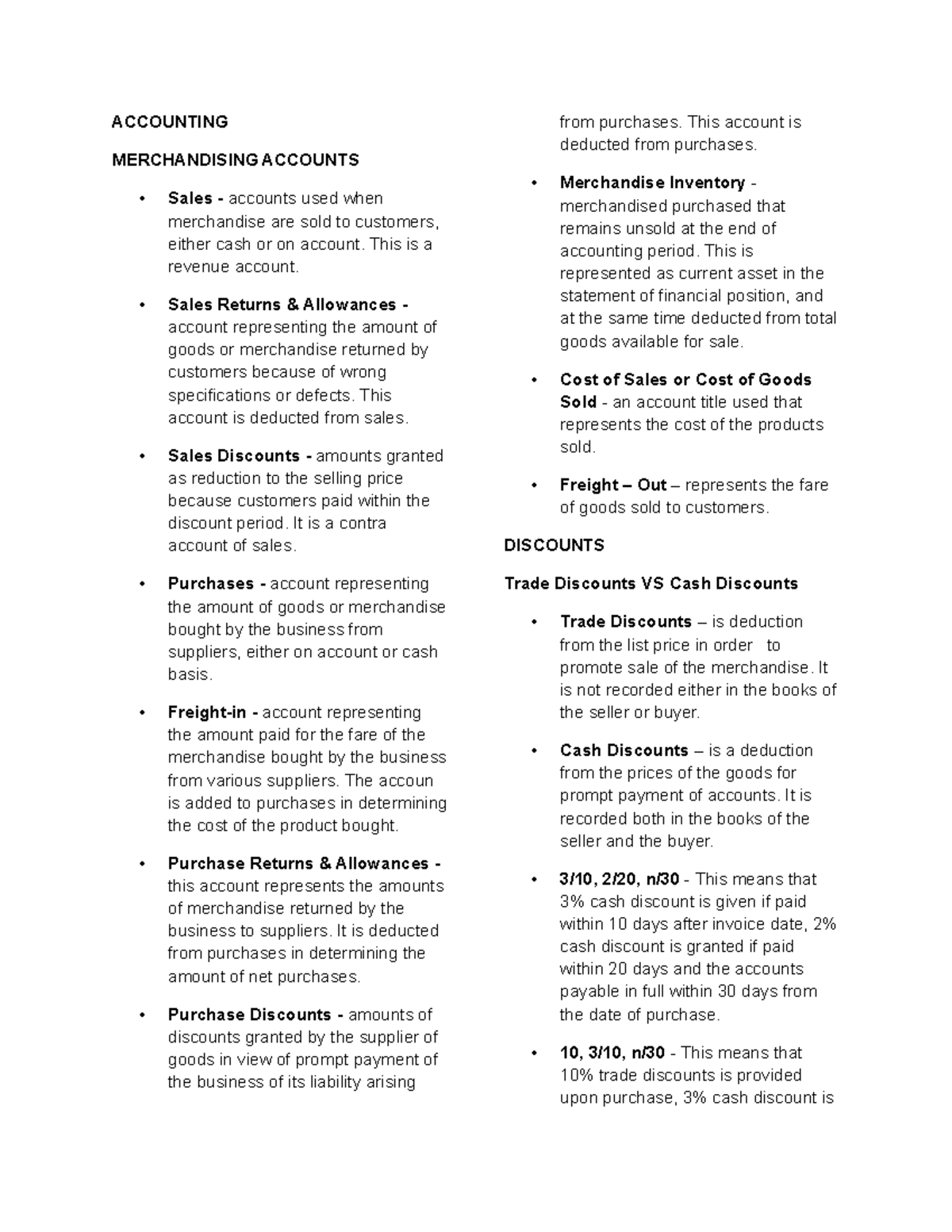 Merchandising Accounts Overview: Key Elements in Accounting - Studocu