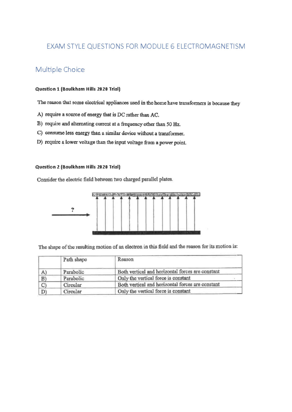 Physics 12B-7 Exam Style Questions for Module 6: Electromagnetism - Studocu