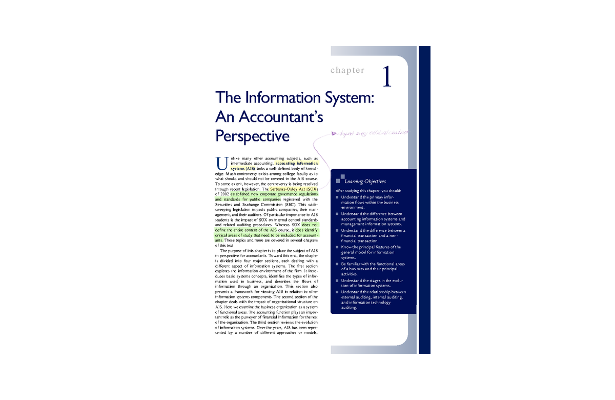 AIS Chapter 1 Book Reference - c h a p t e r 1 The Information System: An Accountant’s ...