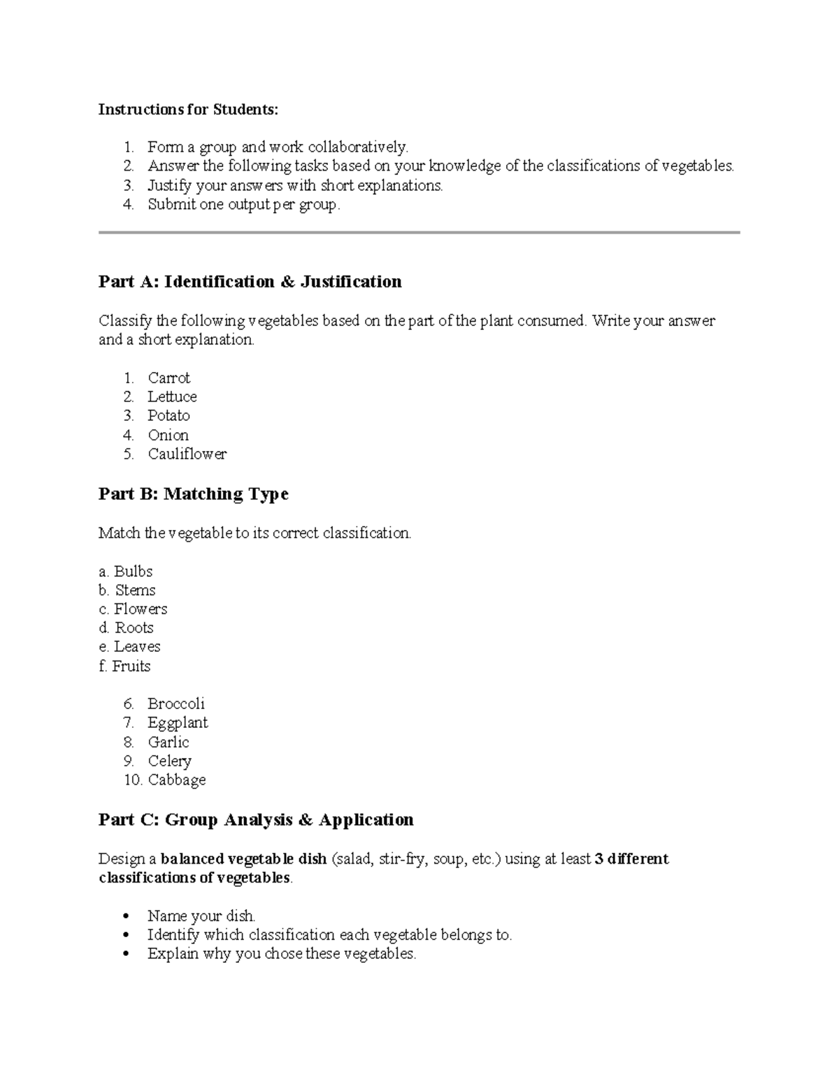 Performance Written Quiz: Vegetable Classifications and Group Tasks ...