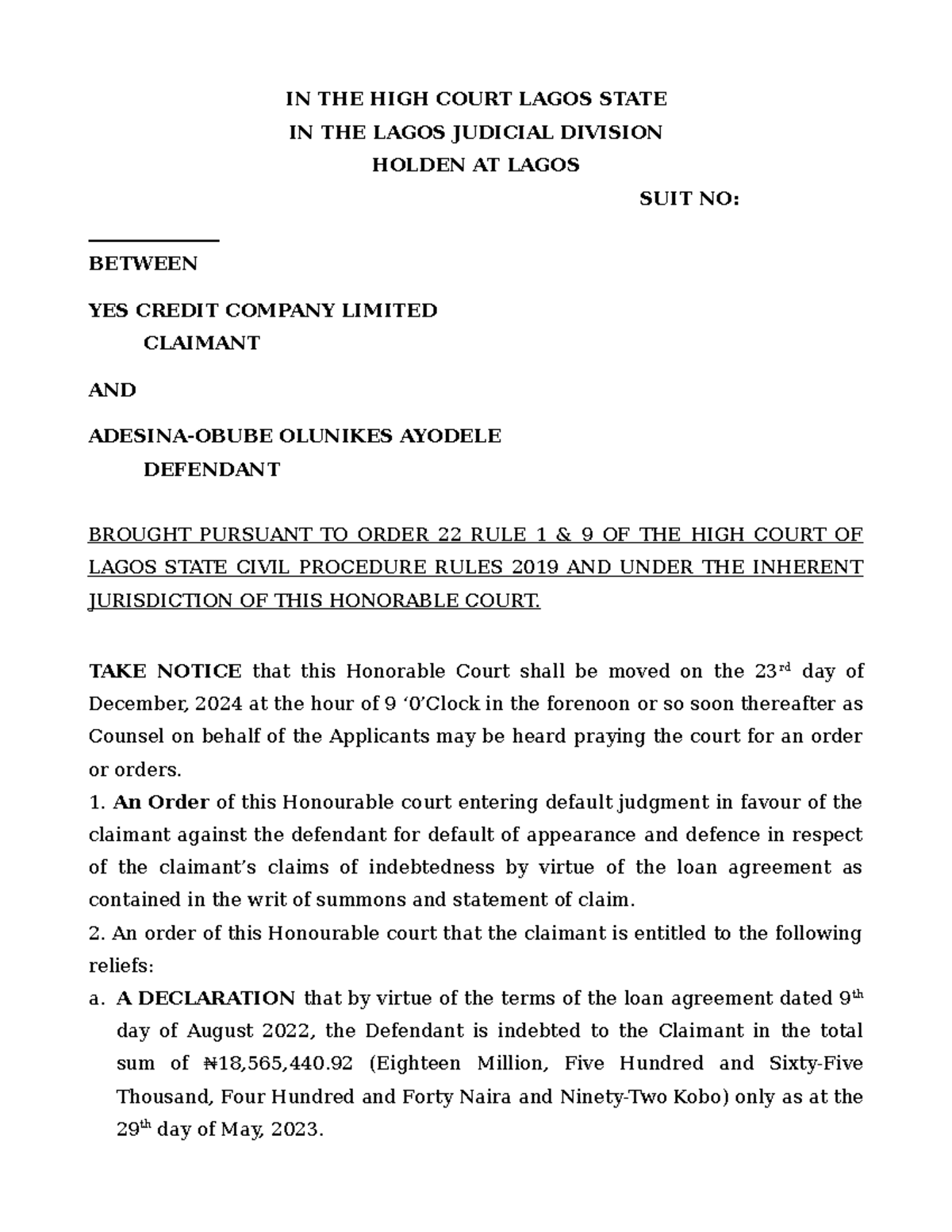 Application for Default Judgment in Suit No: ______________ - Studocu