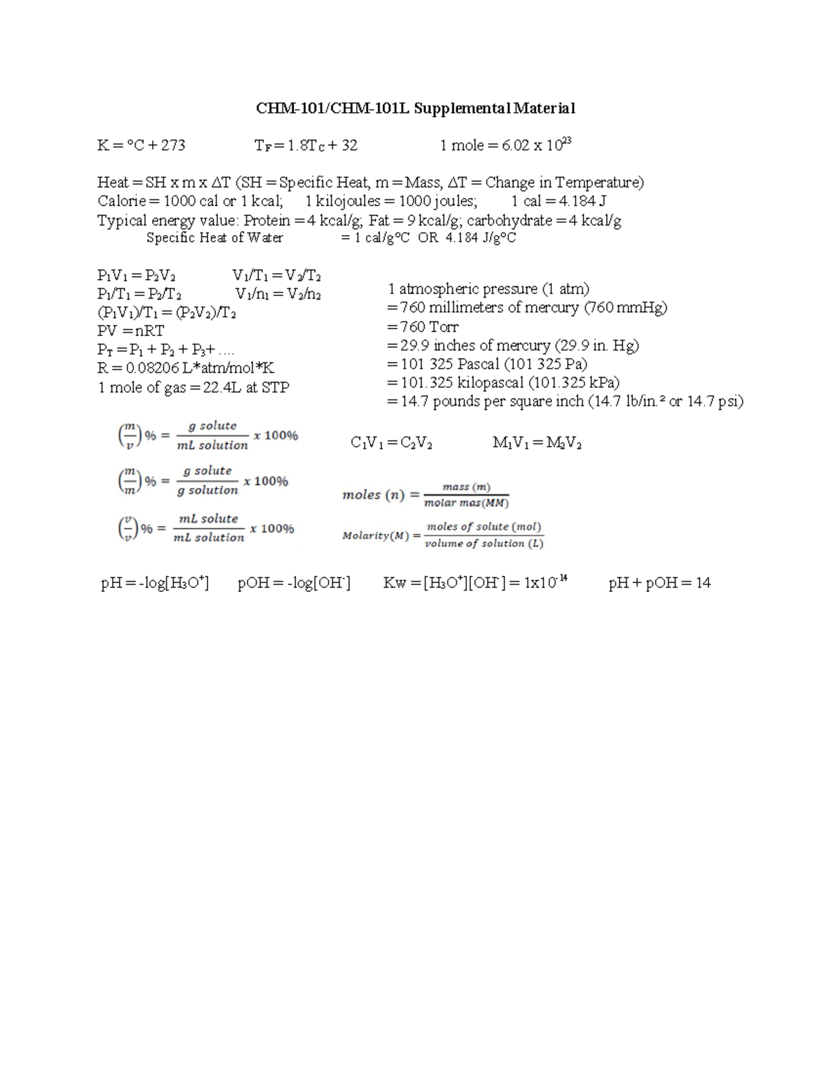 CHM-101 Exam and Practice Exam Supplemental Material - CHM-101/CHM-101L Supplemental Material K ...