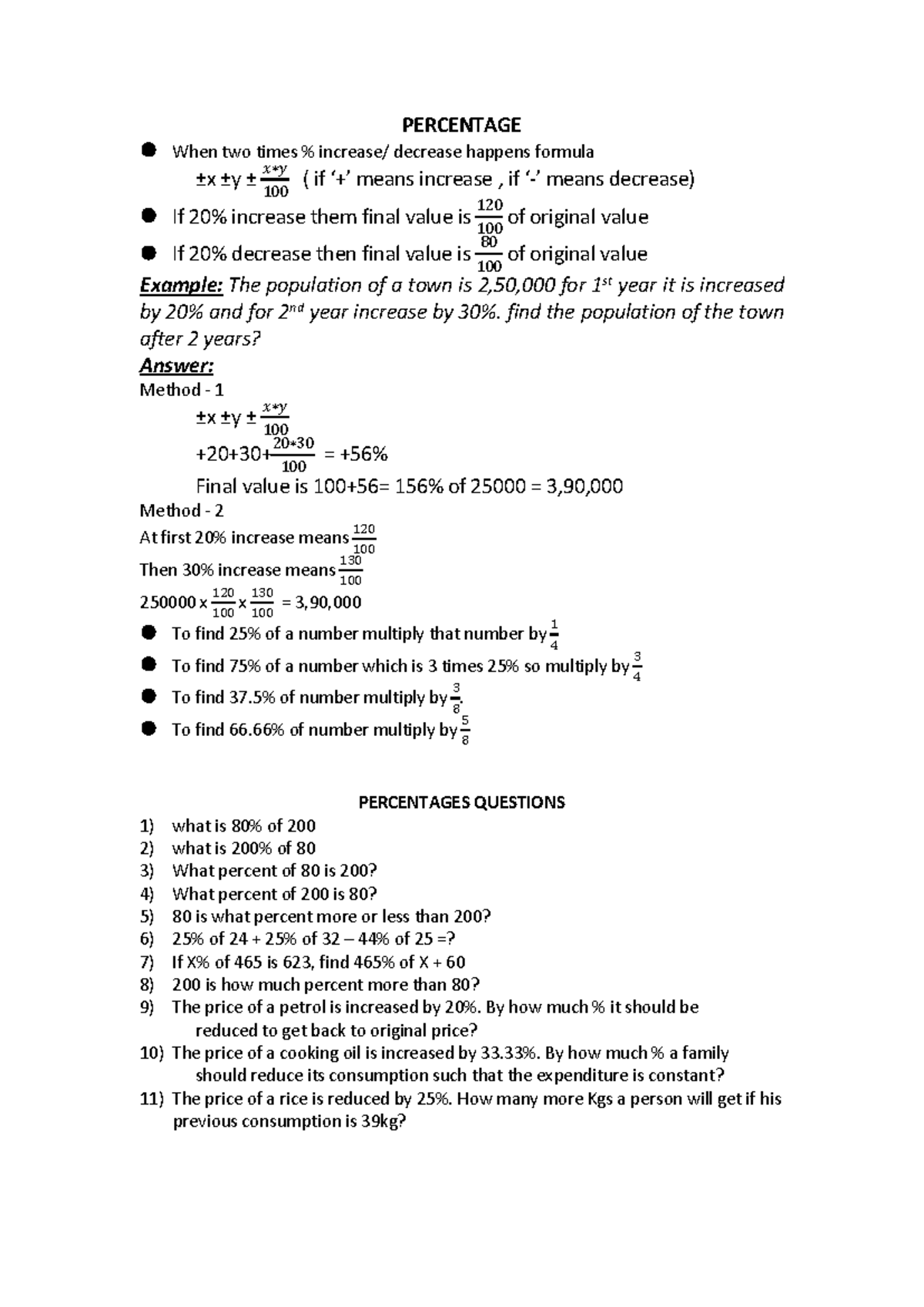 Percentage Practice Questions for Math 101 - Studocu