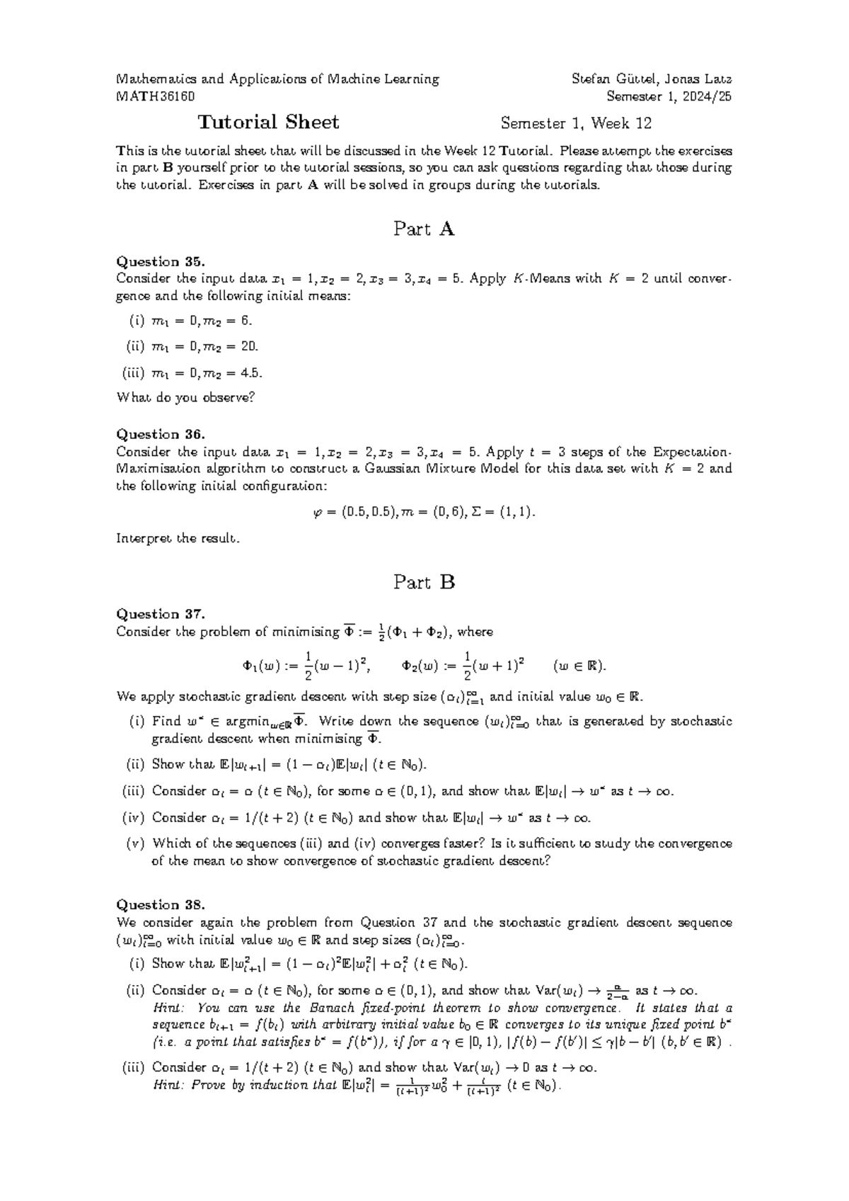 Week 12 Tutorial Sheet Solutions for MATH36160: Machine Learning - Studocu