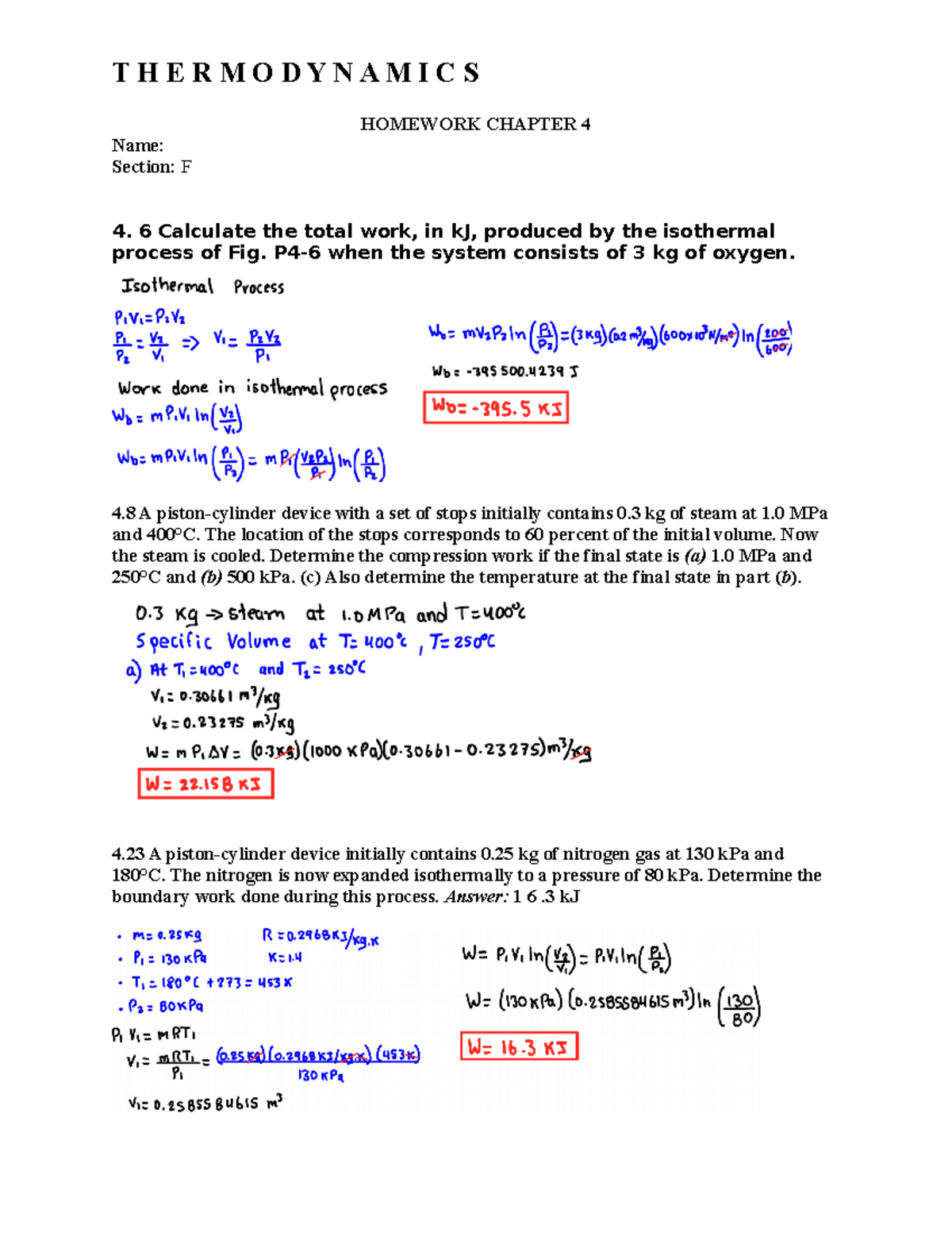 Thermodynamics Homework Solutions: Chapter 4 Exercises - Studocu