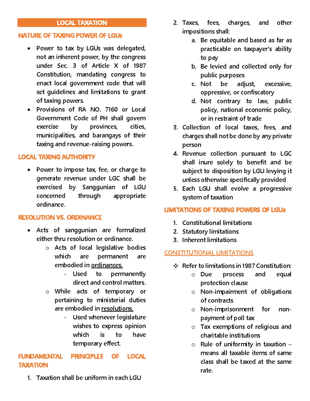 Local Taxation - Summary Notes on LGU Taxing Powers and Limitations ...