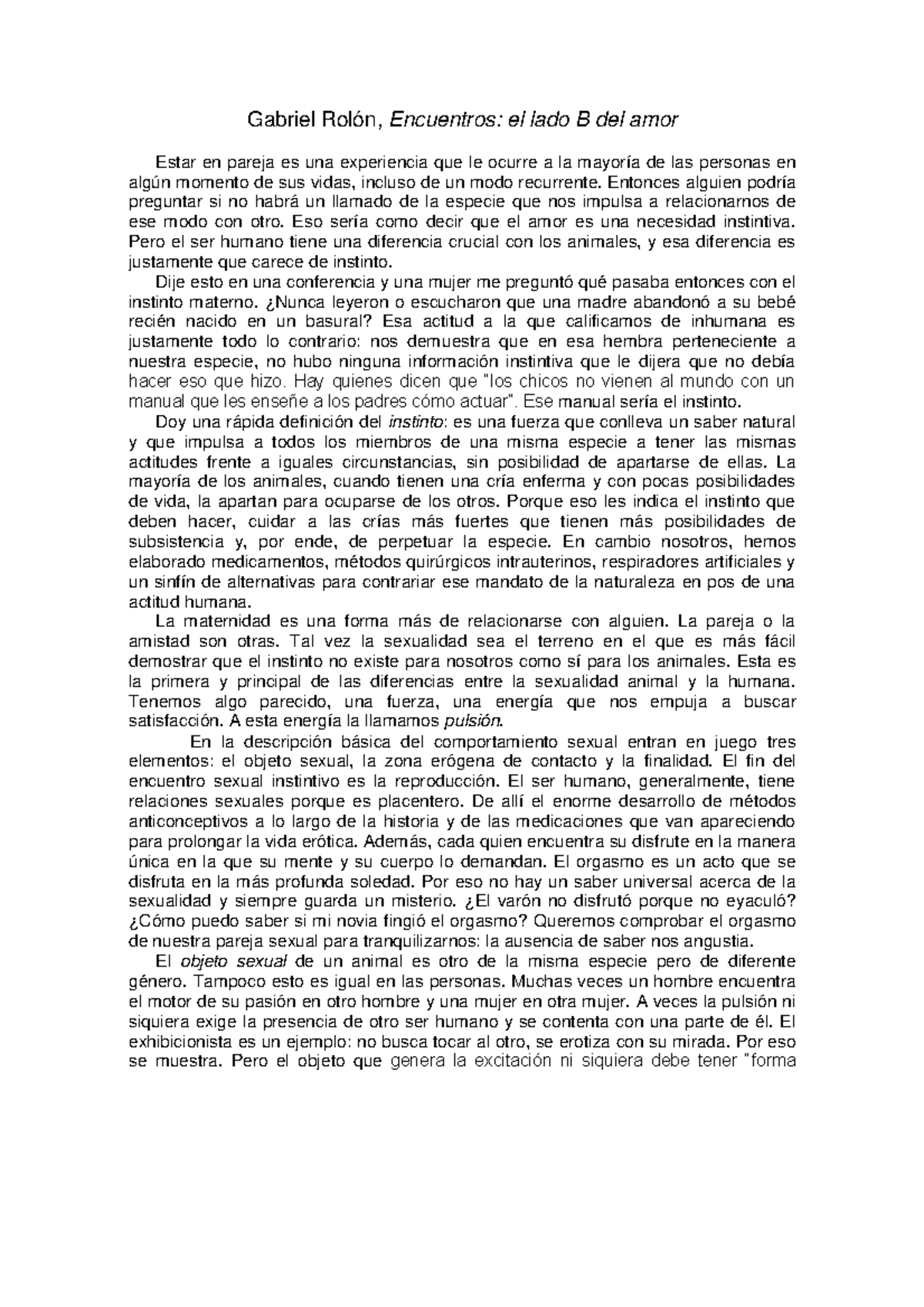 Instinto y Pulsión en la Sexualidad Humana: Reflexiones de Rolón - Studocu