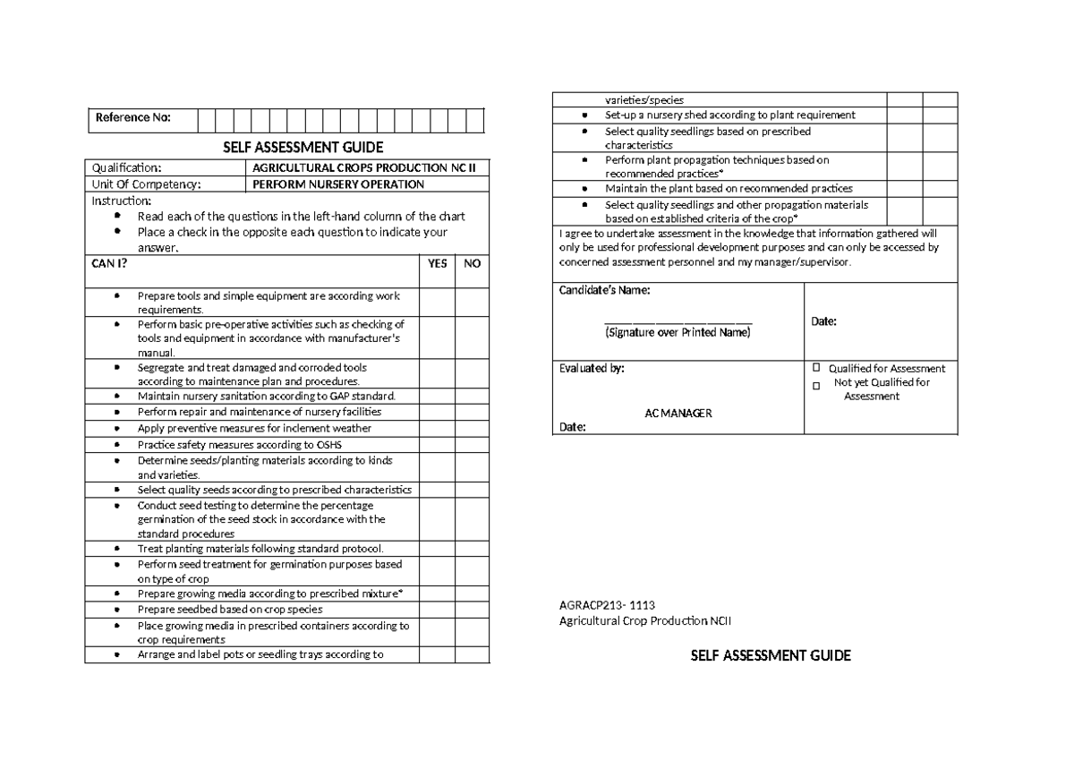 SAG-NC-II Self Assessment Guide for Agricultural Crop Production - Studocu