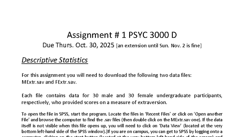 Descriptive Statistics Assignment 1 PSYC D - Due Oct. 30, 2025 - Studocu