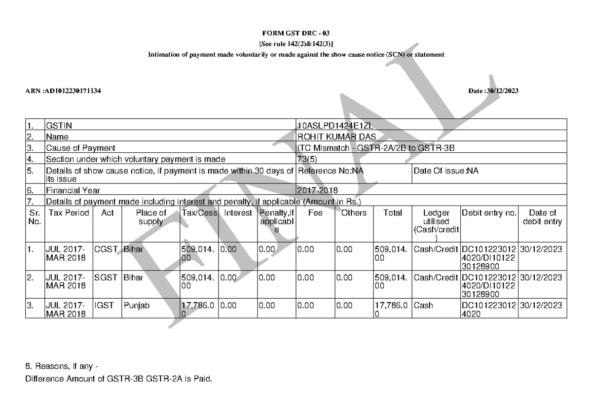 FORM GST DRC 03: Voluntary Payment Intimation for ITC Mismatch - Studocu