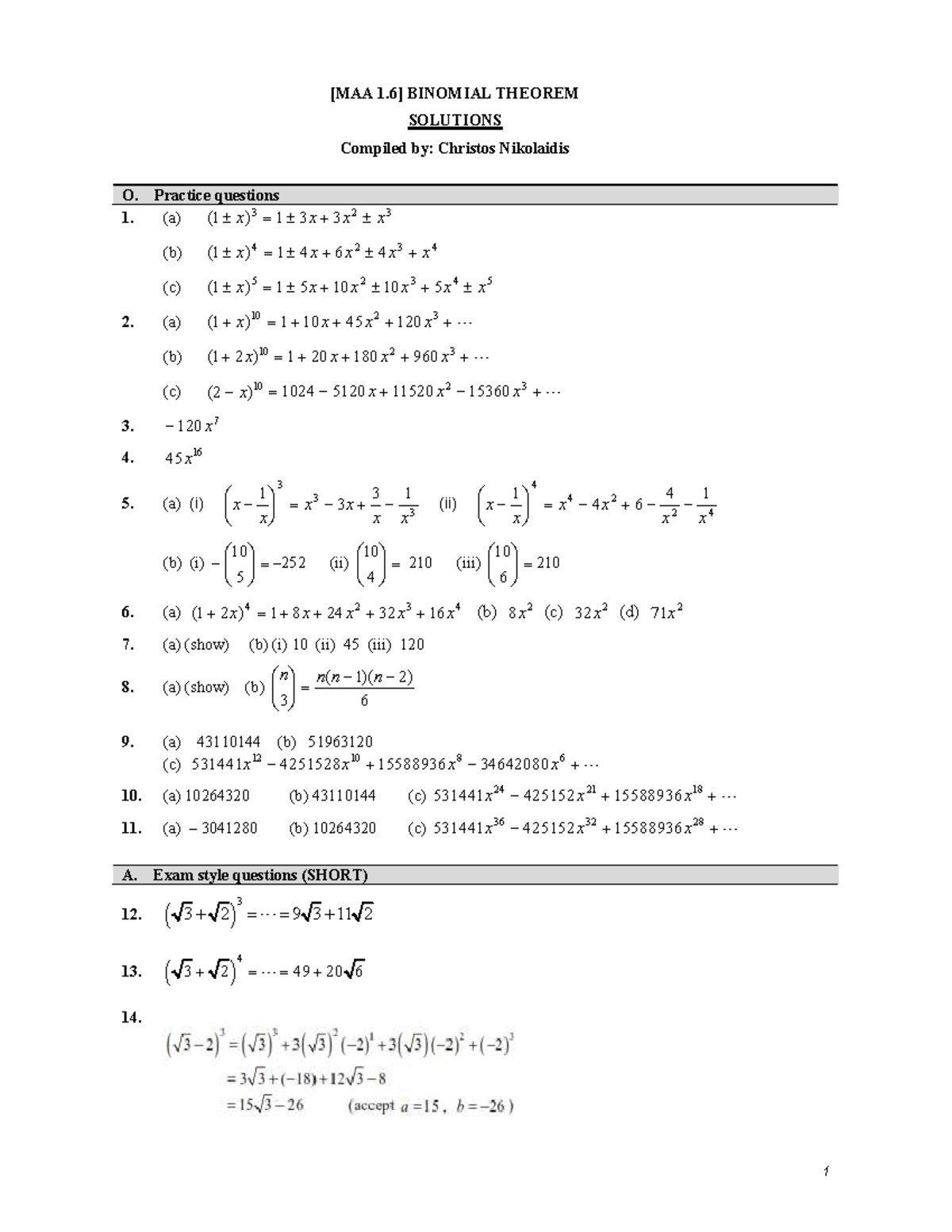[Math-AA 1.6] Binomial Theorem solutions - [MAA 1] BINOMIAL THEOREM SOLUTIONS Compiled by ...